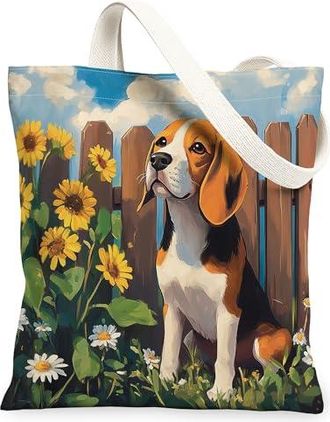 Generic Sac fourre-tout en toile r&eacute;utilisable pour faire du shopping, 33 x 38,1 cm, motif chien beagle printanier, sac d&eacute;picerie r&eacute;utilisable pour femme, ferm