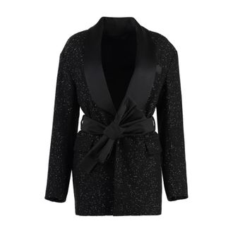 Max Mara Pailletten-Blazer mit Schalkragen und Bindeg&uuml;rtel - - Coats - Damen - Schwarzk - XS