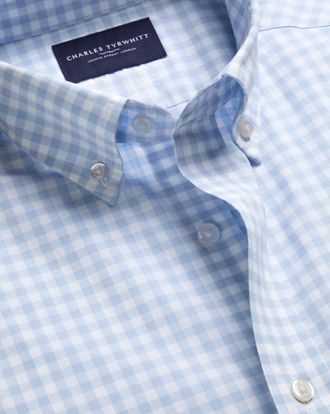 CHARLES TYRWHITT Vorgewaschenes Popeline-Hemd mit Stretch und Gingham-Karos - Hellblau