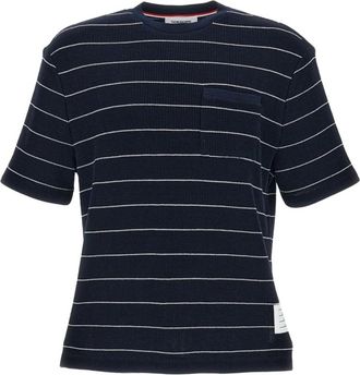 Thom Browne Homme, Tops, Bleu, Taille: XL T-shirt ray&eacute; &agrave; col rond