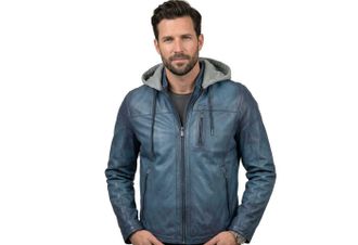 Jilani Lederjacke Cody Jilani - Herren Lederjacke Kapuze Lammnappa blau
