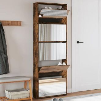 vidaXL Vidaxl - Armoire &agrave; chaussures miroir 5 niveaux ch&ecirc;ne fum&eacute; 63x17x169,5 cm