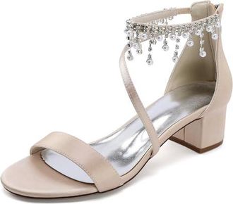 Generic Chaussures De Mariage Femme &Eacute;t&eacute; Talon Haut Sandales Satin&eacute;e Chunky Heels Bout Ouvert Mari&eacute;e Talons Bas 4.5CM,Champagne,39 EU