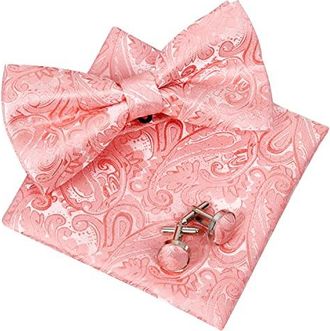 Alizeal Ensemble noeud papillon pré-noué, carré de poche et boutons de manchette, motif cachemire rétro, corail