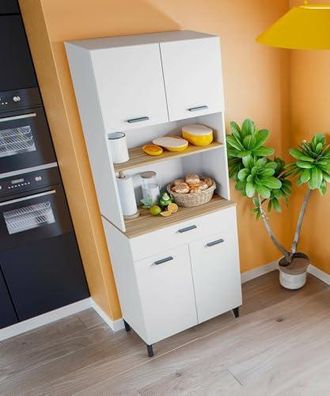 Dmora Kommode Artesian, Wohnzimmerbuffet, Wohnzimmer-Sideboard, Moderne K&uuml;chen-Speisekammer, 72x40 h185 cm, Wei&szlig; und Eiche