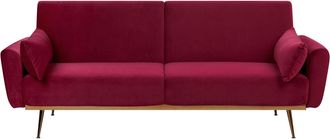 Beliani 3-Sitzer Schlafsofa Samt rot mit Kissen hohe Metallbeine kupfer Retro-Stil Eina