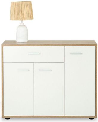 IDIMEX Buffet salle &agrave; manger Coraline 88 cm - Bois m&eacute;lamin&eacute; blanc et ch&ecirc;ne sonoma - 1 tiroir et 3 portes - R&eacute;sistant aux frottements