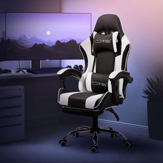 ML Design ML-Design Massage Gaming Stuhl Schwarz-Weiß Kunstleder, Ergonomischer Bürostuhl, Verstellbarer Drehstuhl, Racing Gamer Stuhl mit Armlehne, Kopfstütze,
