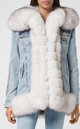 Philipp Plein Veste courte en denim et fourrure de renard avec strass