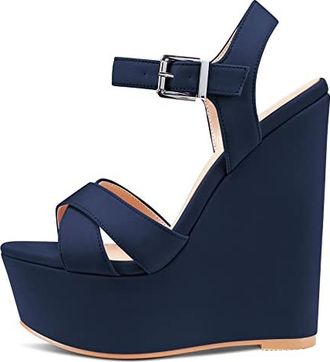 Castamere Femmes Haut High Compensé Plate-forme Talon Heel 15 CM Heels Ouvert Bout Sandales Lanières Cheville Boucle Sexy Dress Mariage Bleu Marin 41 EU