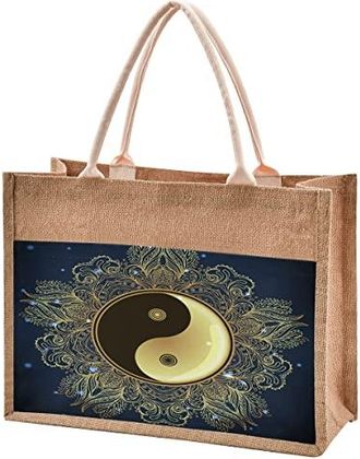 Mnsruu Sac fourre-tout en toile de jute naturelle avec poign&eacute;es en coton - Fermeture &eacute;clair r&eacute;utilisable - Cadeau id&eacute;al pour les courses, marron, Large