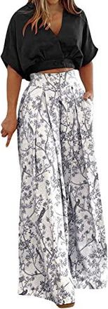 Generic Ensemble 2 pièces pour femme - Élégant - Pantalon festif - Impression mode - Combinaison 2 pièces - Chemisier - Chemise + taille haute - Pantalon larg