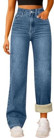 Generic Jean doubl&eacute; en polaire pour femme - Taille haute - Jambe large - Pantalon en jean extensible - Pour lhiver - Chaud, noir fonc&eacute;, XXL