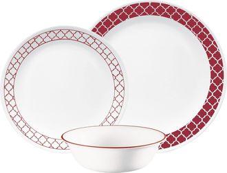 Corelle Corelle 1147166 Geschirr-Set (12-teiliges Set, karminrotes Rankgitter) - Geschirr-Set für 4 Personen, 4 x Speiseteller, Beilagenteller und Schüsseln, 
