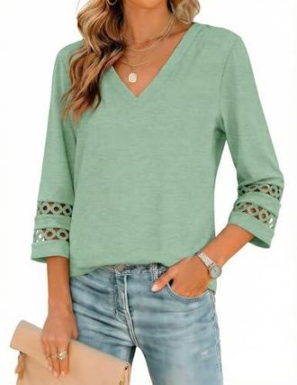 Zeagoo Chemisier &agrave; manches 3/4 pour femme - Col en V - D&eacute;contract&eacute; - Broderie perfor&eacute;e - Haut d&eacute;t&eacute; - &Agrave; oeillets - Tailles S &agrave; XXL, vert clair, M