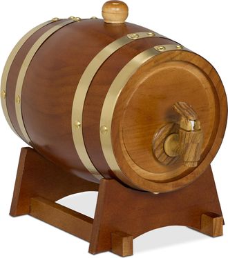Relaxdays Whiskyfass, 1,25 l, Holz, Schnapsfass mit Bock & Zapfhahn, für Wein, Spirituosen, Deko Holzfass, Dunkelbraun