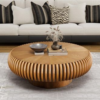 Generic Runder Couchtisch im modernen Stil aus geriffeltem Holz mit Massivholzfurnier, Mid-Century-Beistelltisch, ideal f&uuml;r Wohnzimmer und kleine Wohnungen,E8