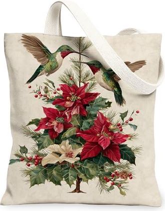Generic Sacs fourre-tout r&eacute;utilisables en toile avec motif colibri et poinsettia - Avec bandouli&egrave;re lavable - 33 x 38 cm