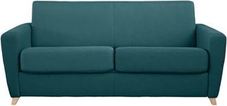 Miliboo Canap&eacute; Convertible 3 Places en Tissu Bleu Canard et Bois Clair avec Matelas L140 cm 13 cm Graham