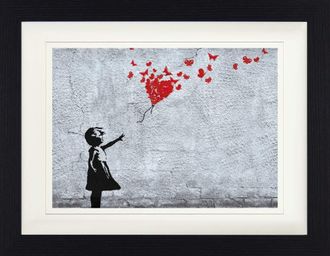 1art1 Mädchen Poster Mädchen Mit Luftballon Und Schmetterlingen, Banksy-Style Gerahmtes Bild Mit Edlem Passepartout | Wand-Bilder | Im Bilderrahmen 40x30 cm