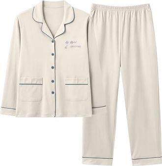 Generic Pyjama &agrave; manches longues pour femme - Ensemble de pyjama 2 pi&egrave;ces pour femme - Ensemble de pyjama doux avec chemise boutonn&eacute;e et pantalon, v&ecirc;tements d