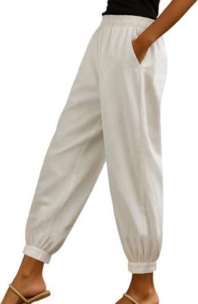 Generic Pantalon en coton et lin pour femme | Jambe large - Pantalon d&eacute;contract&eacute; &agrave; taille &eacute;lastique avec poches | Pour un usage quotidien, blanc, S