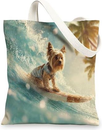 Generic Sac fourre-tout en toile pour chien, motif animal mignon surfant, sac dépicerie réutilisable, sac de plage amusant, léger et lavable avec bandoulière,