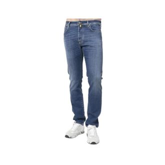 Jacob Cohen Slim Fit Jeans in gewaschenem Blau mit gelben N&auml;hten - - Jeans - Herren - Blau - W31