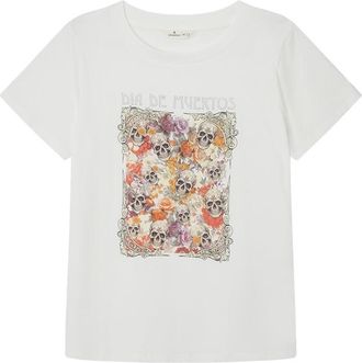 Springfield Damen Camiseta Manga Corta Dia de Muertos T-Shirt mit Tag der Toten-Grafik, Standardweiß, XL