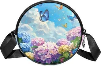 Generic Sac &agrave; bandouli&egrave;re rond pour femme, motif papillon, fleurs, petit sac &agrave; bandouli&egrave;re avec fermeture &eacute;clair, bretelles r&eacute;glables, sac &agrave; main rond d&eacute;contr