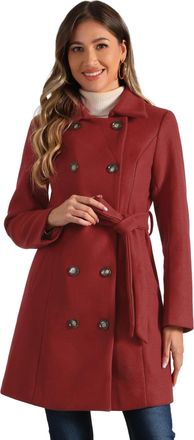 Allegra K Damen Wintermantel Langarm Zweireihig Schr&auml;ge Tasche Knopfleiste G&uuml;rtel Mantel Dunkelrot M