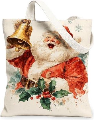 Generic Sacs fourre-tout en toile de vacances, motif P&egrave;re No&euml;l festif, sacs &agrave; provisions r&eacute;utilisables, joyeux saisonniers, l&eacute;gers, lavables &agrave; l&eacute;paule S, Blan
