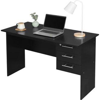 Woltu Woltu - Table de bureau Table dordinateur en bois, Table de travail avec 3 tiroirs et verrou, 120x59x75 cm, Noir