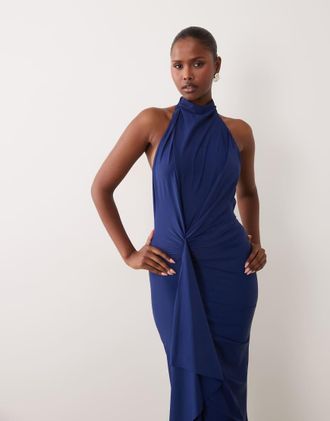 Asos robe longue en jersey sculptant &agrave; col montant avec drap&eacute; et volant, bleu marine