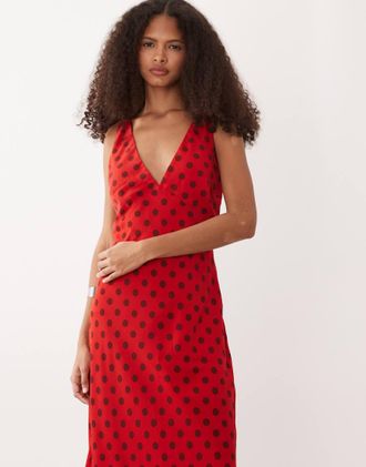 Abercrombie & Fitch Robe nuisette mi-longue &agrave; pois et col V - Rouge
