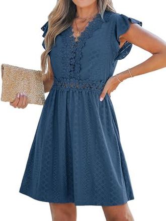 Cupshe Robe dété décontractée pour femme, col en V, appliques en dentelle, manches courtes, mini robe de plage, bleu marine, Taille XL