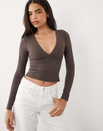 Tala DayFlex - Top manches longues &agrave; col V - Marron moka