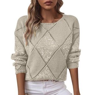 Generic Pull en crochet &agrave; col rond et manches longues pour femme Motif losanges, abricot, XXL
