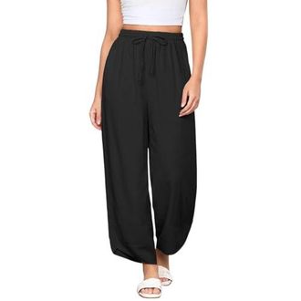 Generic Pantalon en lin pour femme, taille haute, jambes larges, d&eacute;contract&eacute;, &agrave; enfiler, taille &eacute;lastique, pantalon court d&eacute;t&eacute; avec poches, Noir, XXL