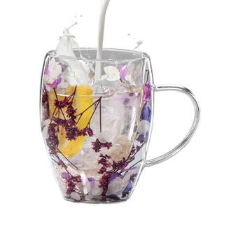 Generico Thermo-Kaffeetasse aus Glas, transparent, doppelwandig, mit getrockneten Blumen, verbrühungssichere Tassen für Schokolade, Tee, heiße kalte Getränke, 