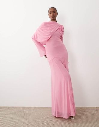 Asos Modesty - Robe longue en tulle avec encolure drap&eacute;e effet superpos&eacute; - Rose