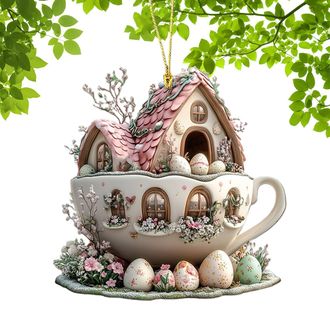 Generic Fr&uuml;hlingsornamente, Hausornamente | 2D-Osterei-Hasenhaus-Tassendekoration | Saisonale Dekoration, Rucksackanh&auml;nger, Feiertagspartys, H&auml;ngende Verzieru