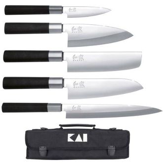 Kai Wasabi Black Messertasche best&uuml;ckt - Allzweckmesser 10 cm, Deba 15 cm, Nakiri 16,5 cm, Santoku 16,5 cm, Yanagiba 21 cm - rostfreier 6A/1K6 Edelstahl p