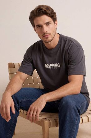Trendyol MAN Herren Grau Slogan Kurz Oversize T-Shirts