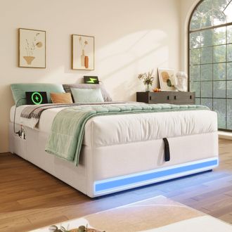 Generic Ojiuboo Polsterbett mit fernbedienbarem LED-Lichtstreifen, USB- und Typ-C-Anschlüssen, hydraulischem Stauraum, mit Kleiner Aufbewahrungstasche, Matrat