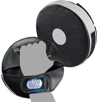 Bay Leder-PU RUND Tellerpratzen schwarz/weiß, Handpratzen, Pratzen 2 Stück, Trainerpratzen Handmitts Hand-Mitts Mitt Schlagmitt Schlagpolster Schlagkissen