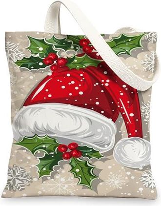 Generic Sacs fourre-tout en toile de vacances, motif chapeau de Noël festif, sacs de courses réutilisables, légers et lavables avec bandoulière, Rouge, 13x15 