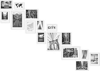 Photolini Cadre bois MDF blanc, lot de 15 cadres photo pour posters et affiches No.2, verre acrylique incassable, décoration murale à suspendre, accessoires sup