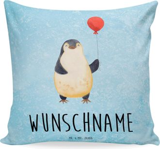 Mr. & Mrs. Panda Kissen personalisiert Pinguin Luftballon - Personalisierte Geschenke, Geschenkidee, Kinderkissen Mit Namen, Kuschelkissen, Liebe, Motivation, Personal