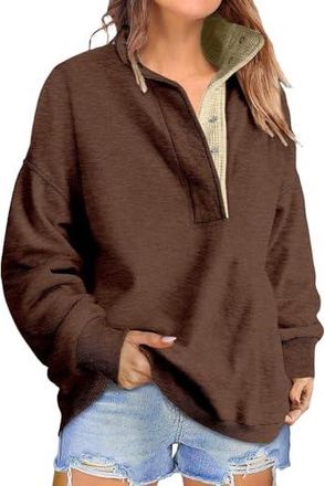 Generic Sweat-shirt d&eacute;contract&eacute; &agrave; boutons pour femme, pull surdimensionn&eacute; &agrave; manches longues, coupe ample, haut dautomne doux, marron clair, XXL